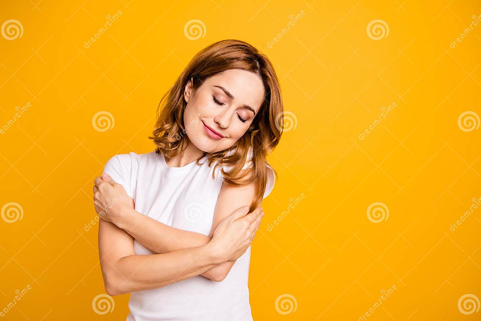 Close Up Photo Beautiful Amazing She Her Lady Hold Arms Hands Self