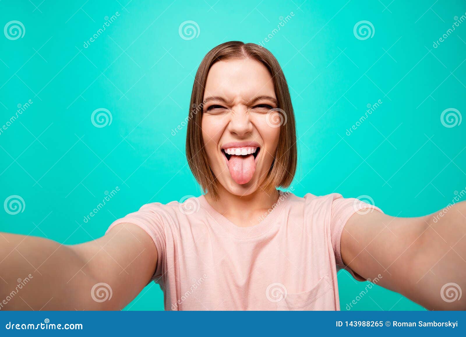 Close Up Photo Beautiful Her She Lady Tongue Out Mouth Foolish Playful