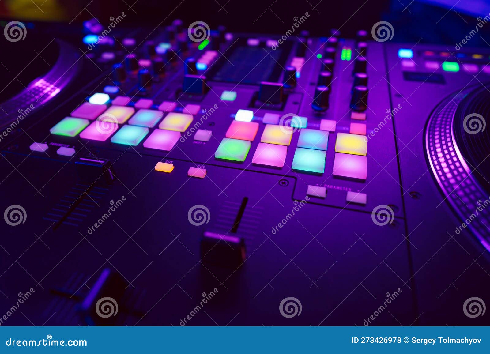 Close Up of DJ Mixing Console in Party Light Stock Photo - Image of ...