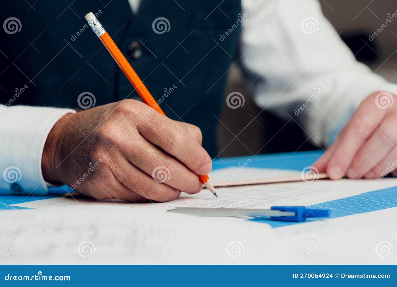 Close Up of Hand of an Architect, Engineer Drawing Blueprint Stock ...