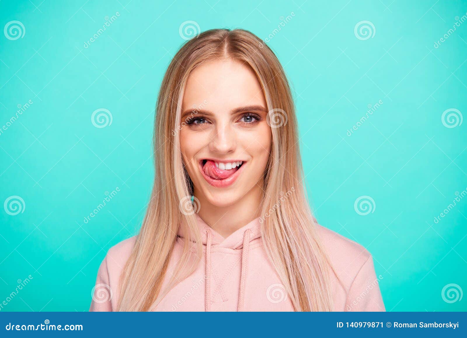 Close Up Photo Of Pretty Attractive She Her Lady Tongue Out Of M Stock