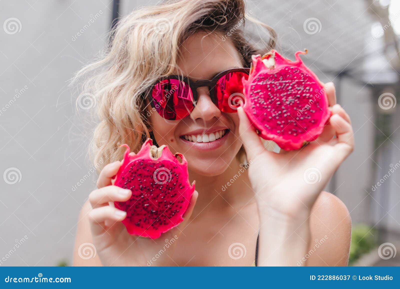 Close Up Photo Of Stunning White Woman Holding Tasty Exotic Fruits