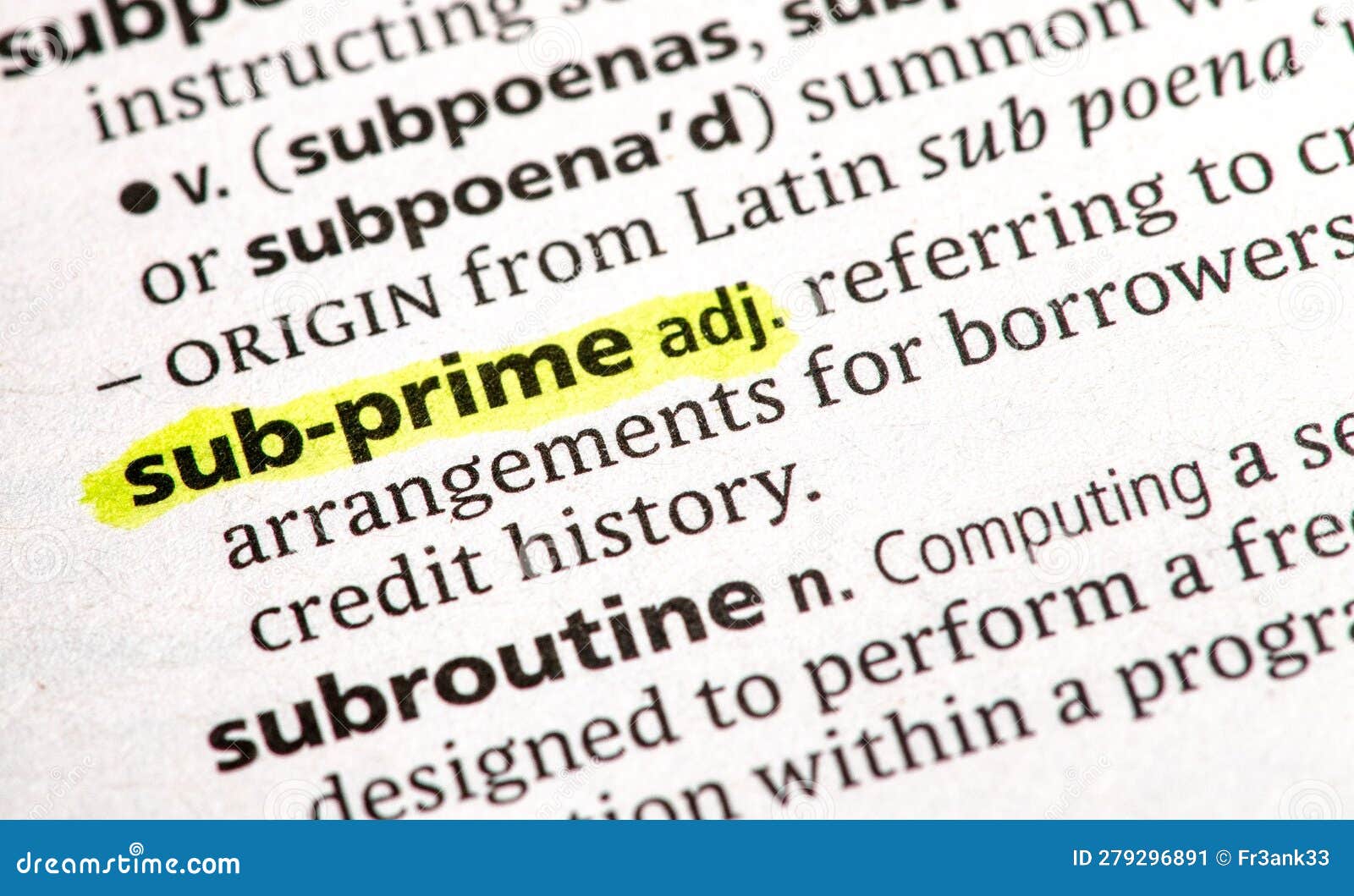 Sub prime stock image. Image of prime, close, words - 279296891