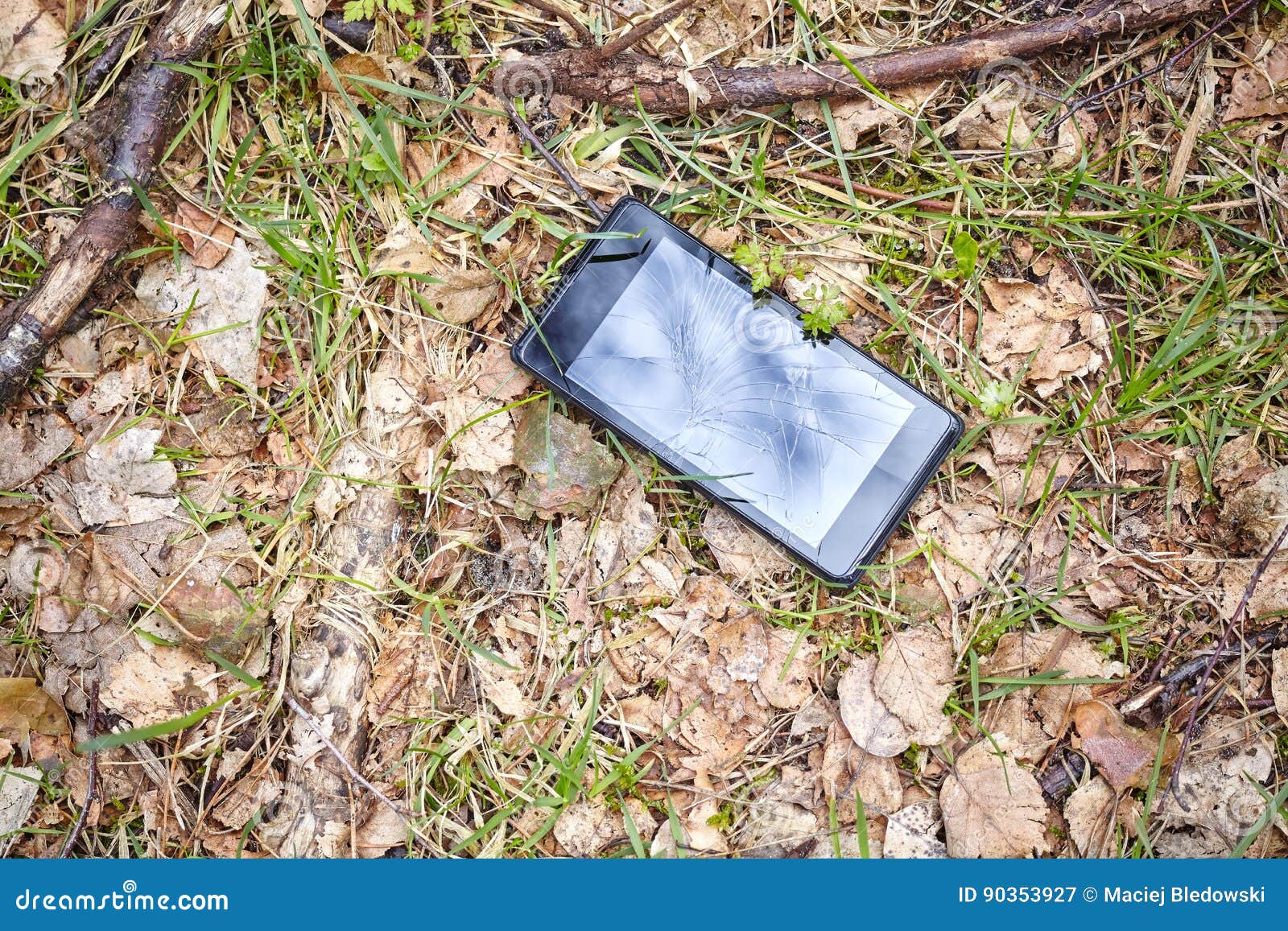 Close Up Picture of a Broken Mobile Phone on a Ground in Park Stock ...