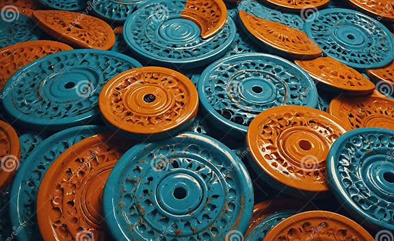 Texture of Blue and Orange Painted Metal Disks of Weights for Barbells ...