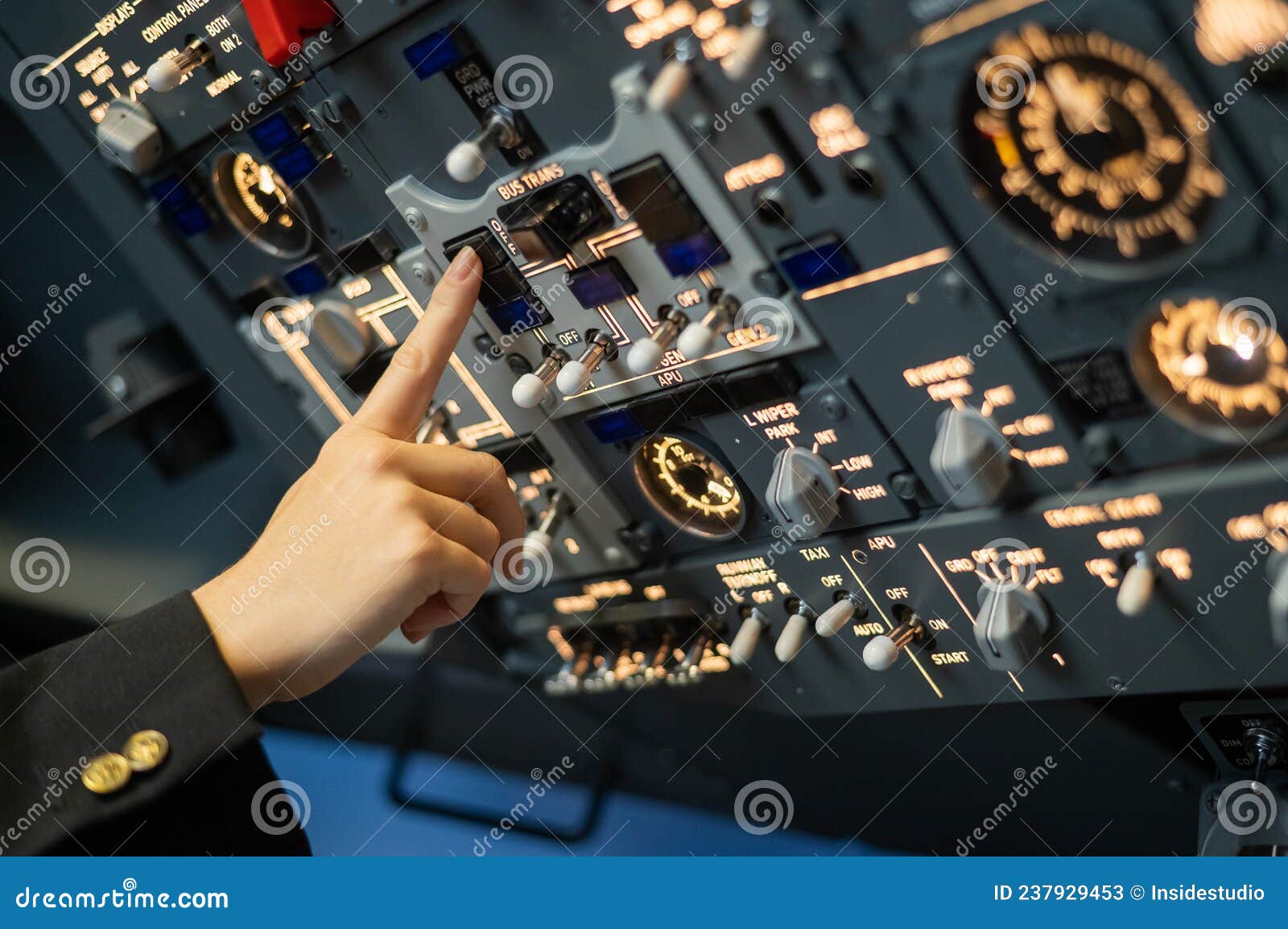 Close-up of a Pilot& X27;s Hand Turning a Toggle Switch on the Control ...