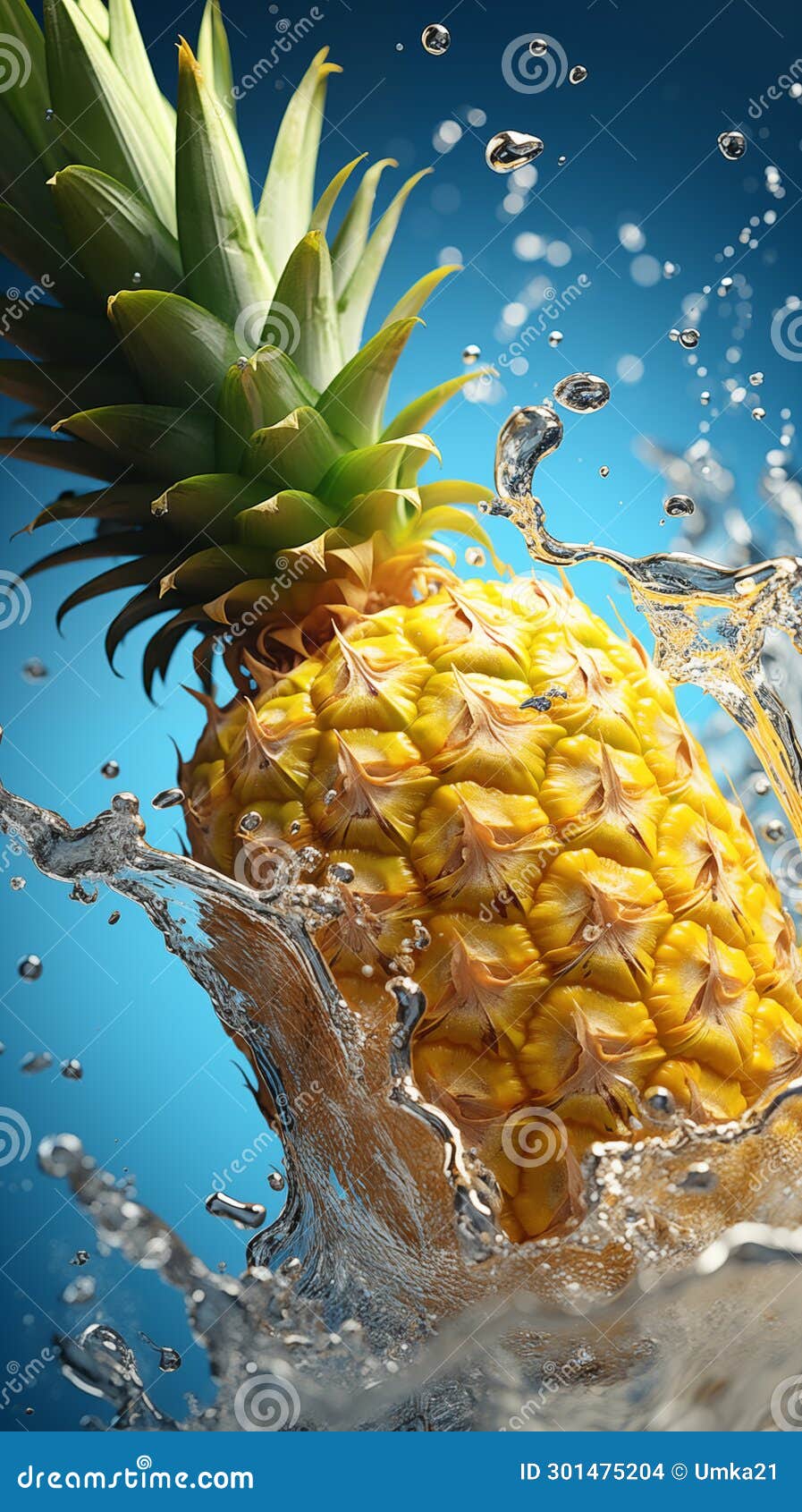 Close Up of Pineapple Falls Under Blue Water, with Splashes and Air ...