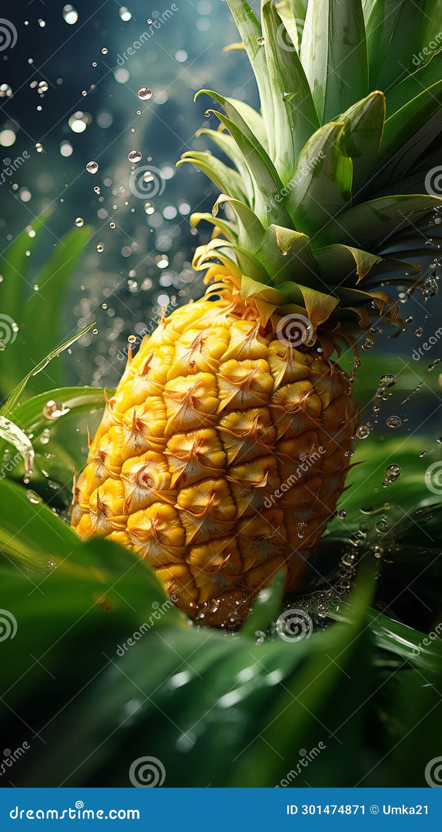 Close Up of Pineapple Falls Under Water, with Splashes and Air Bubbles ...
