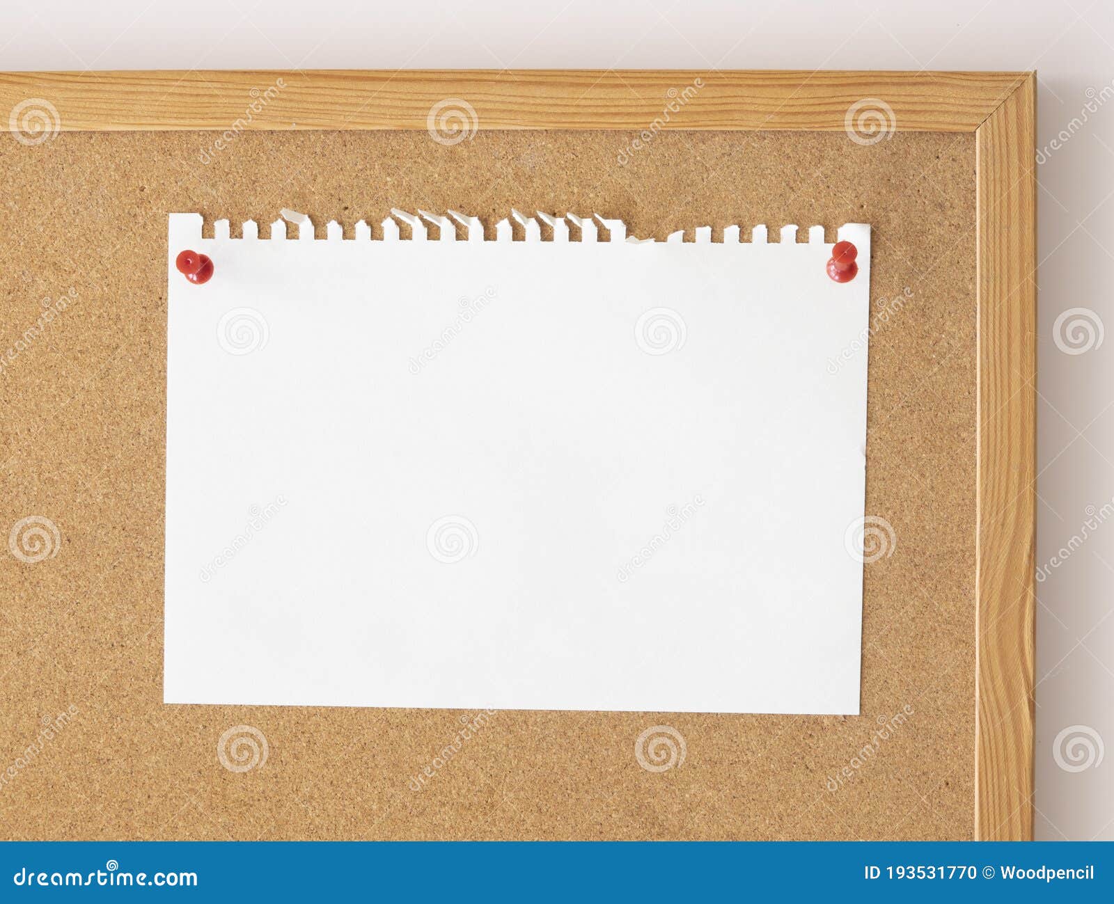 Close Up Pinned Paper Note Mockup. Pins on a Cork Board Stock Photo ...