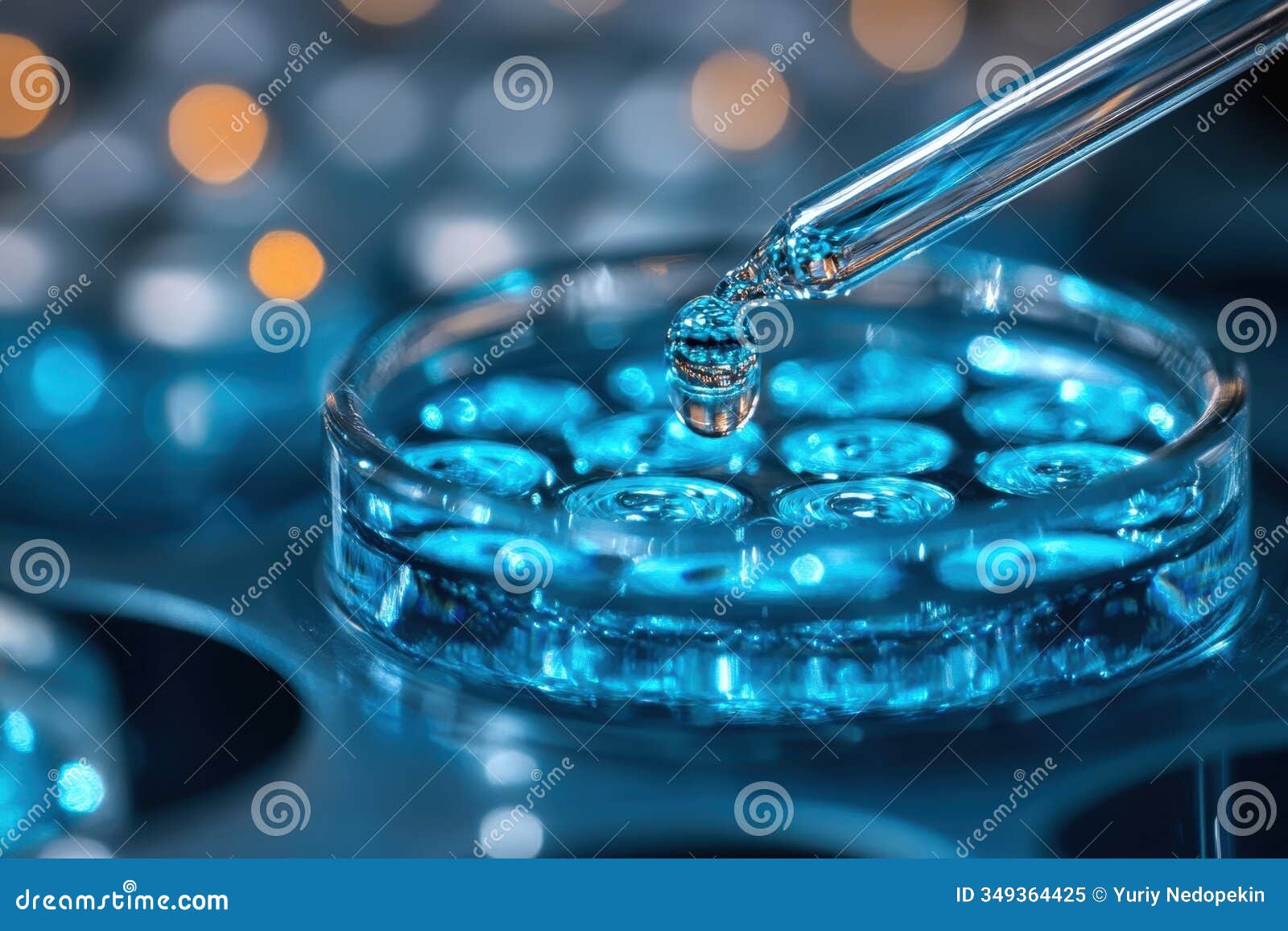 Close-up of a Pipette Delivering a Droplet into a Blue Solution in a ...