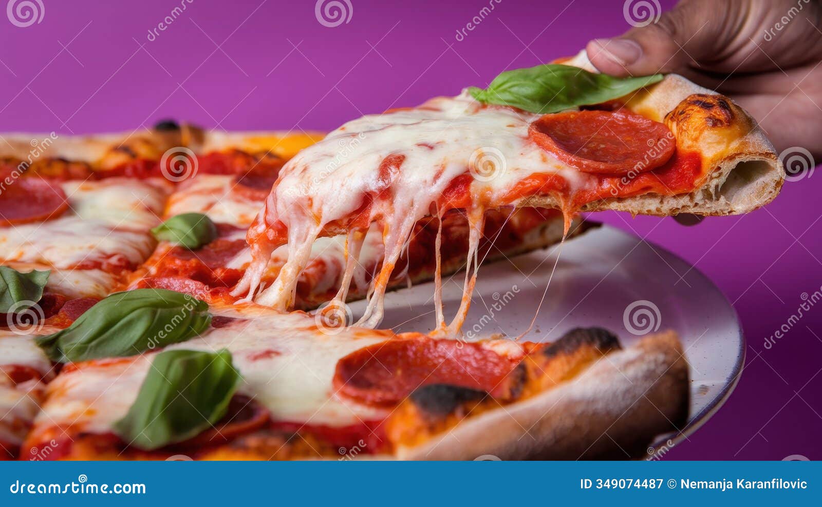 Close-Up of Pizza Slice with Cheese Drip and Hand Reaching Stock ...