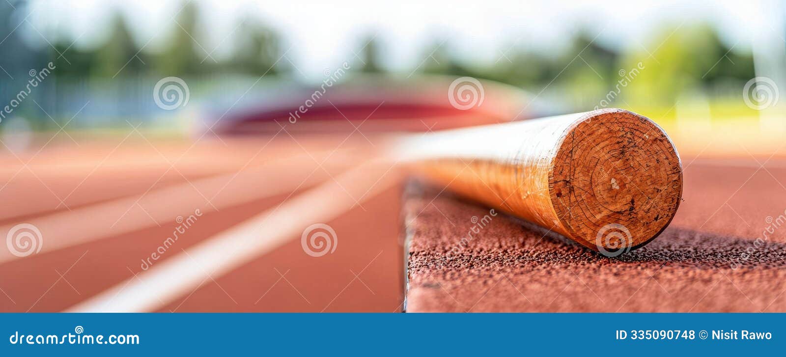 Close-up of a Pole Vault Pole Leaning on the Track Line, with the Pit ...