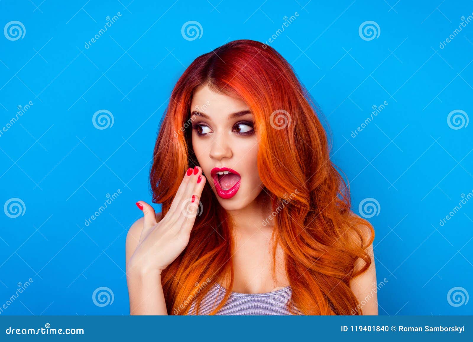 Close Up Portrait Of Attractive Cute Girl With Long Ginger Ombre Fair Hair With Surprised Face