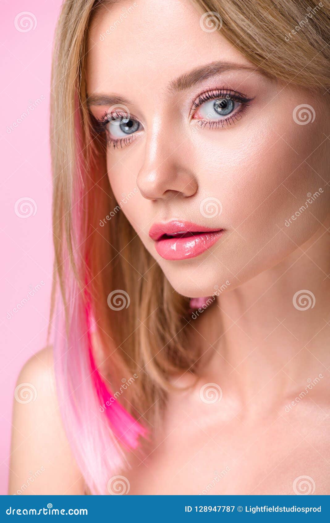 Close Up Portrait Of Attractive Young Woman With Colorful Hair Strands