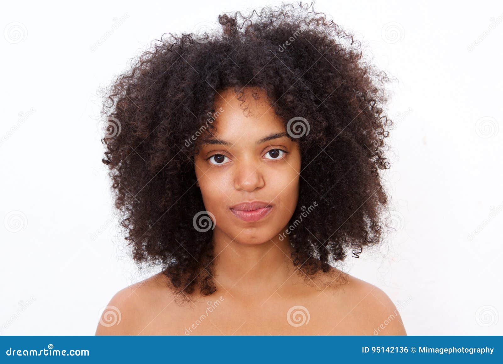 Close Up Portrait Beautiful Black Woman With Bare Shoulders Staring