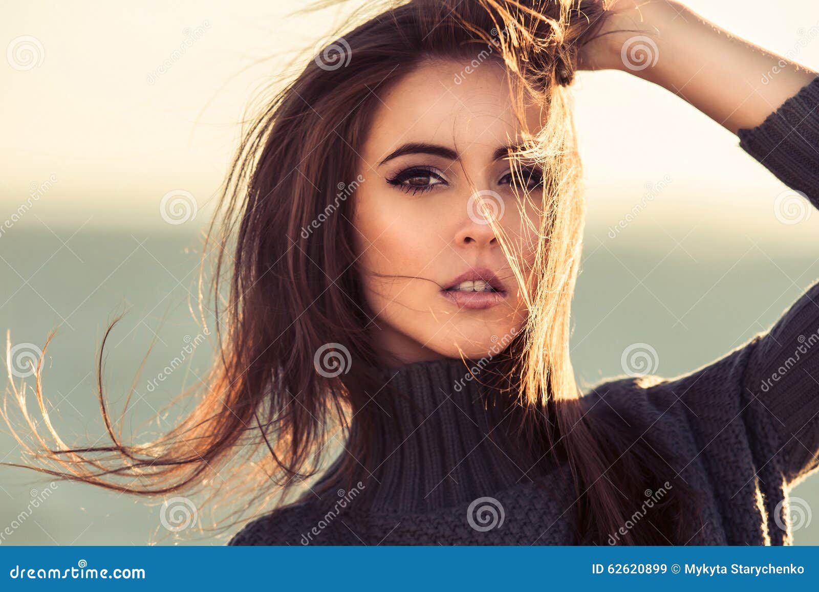 Close Up Portrait Of Beautiful Brunette Woman Outdoors Stock Image