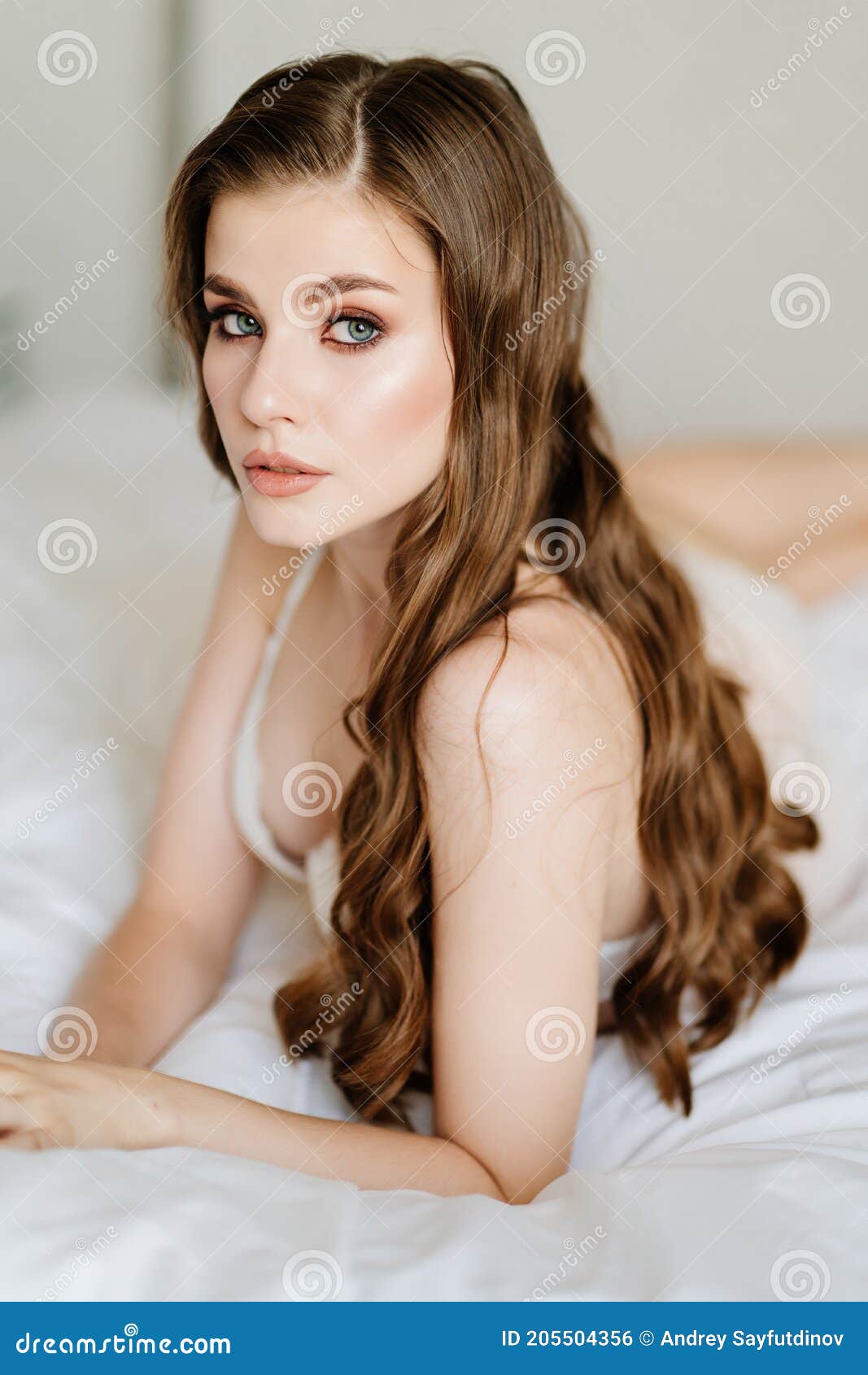 Close Up Portrait Of Beautiful Woman With Long Hair In Underwear Lying