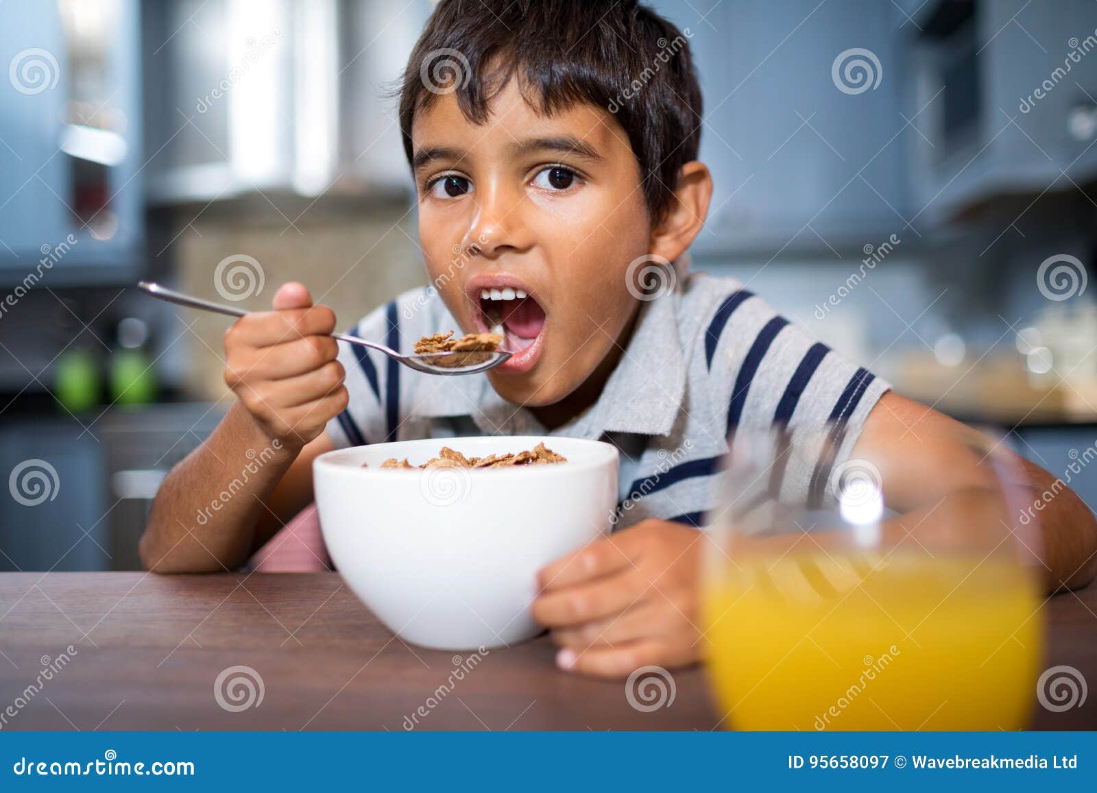 Close Up Portrait of Boy Having Breakfast at Home Stock Image - Image ...