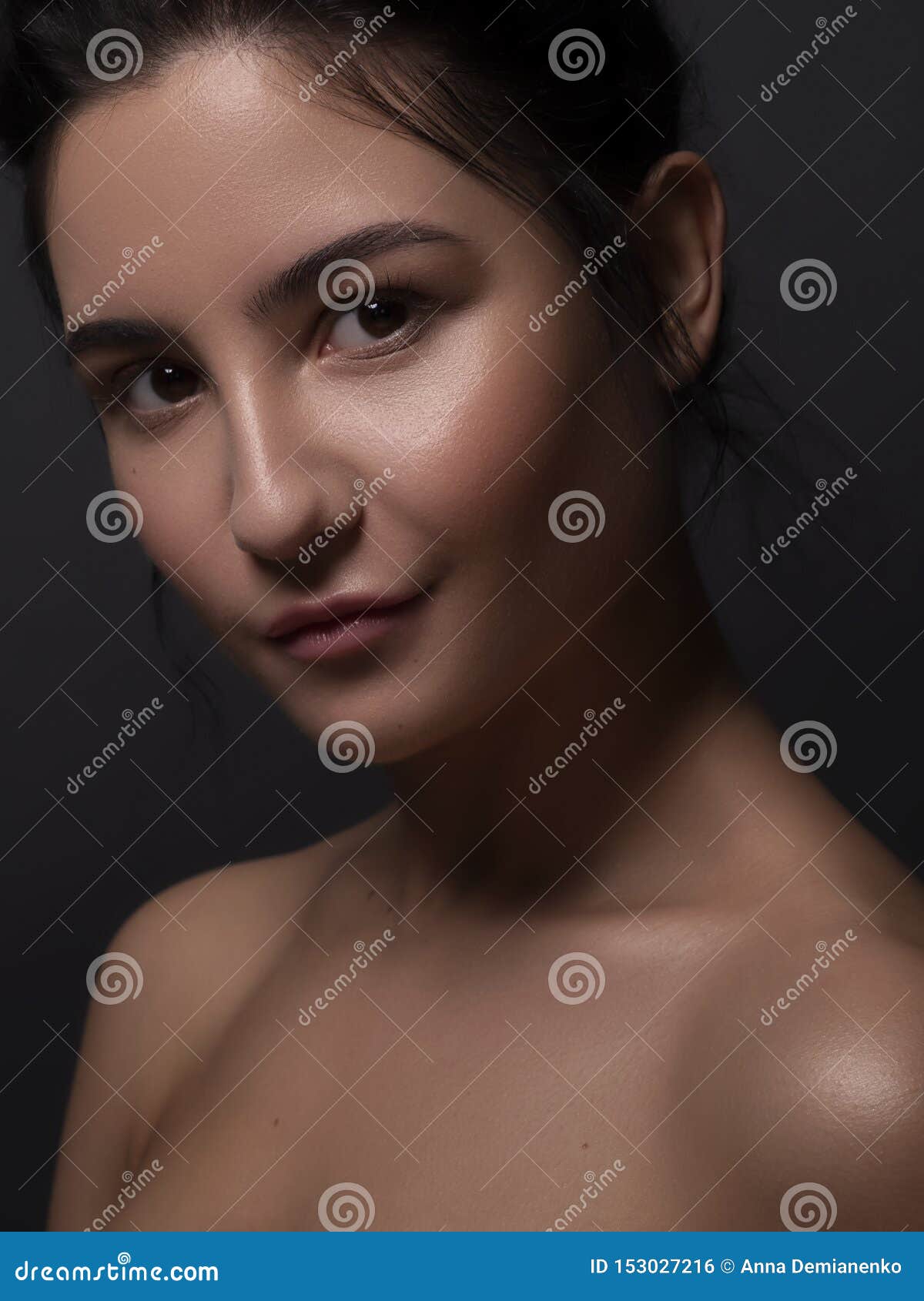 Close Up Portrait Of Brunette Woman With Flawless Clean Skin Natural