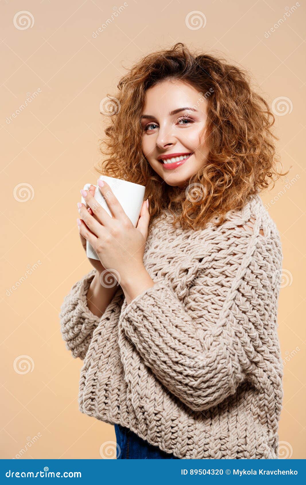 Close Up Portrait Of Cheerful Smiling Beautiful Brunette Curly Girl In