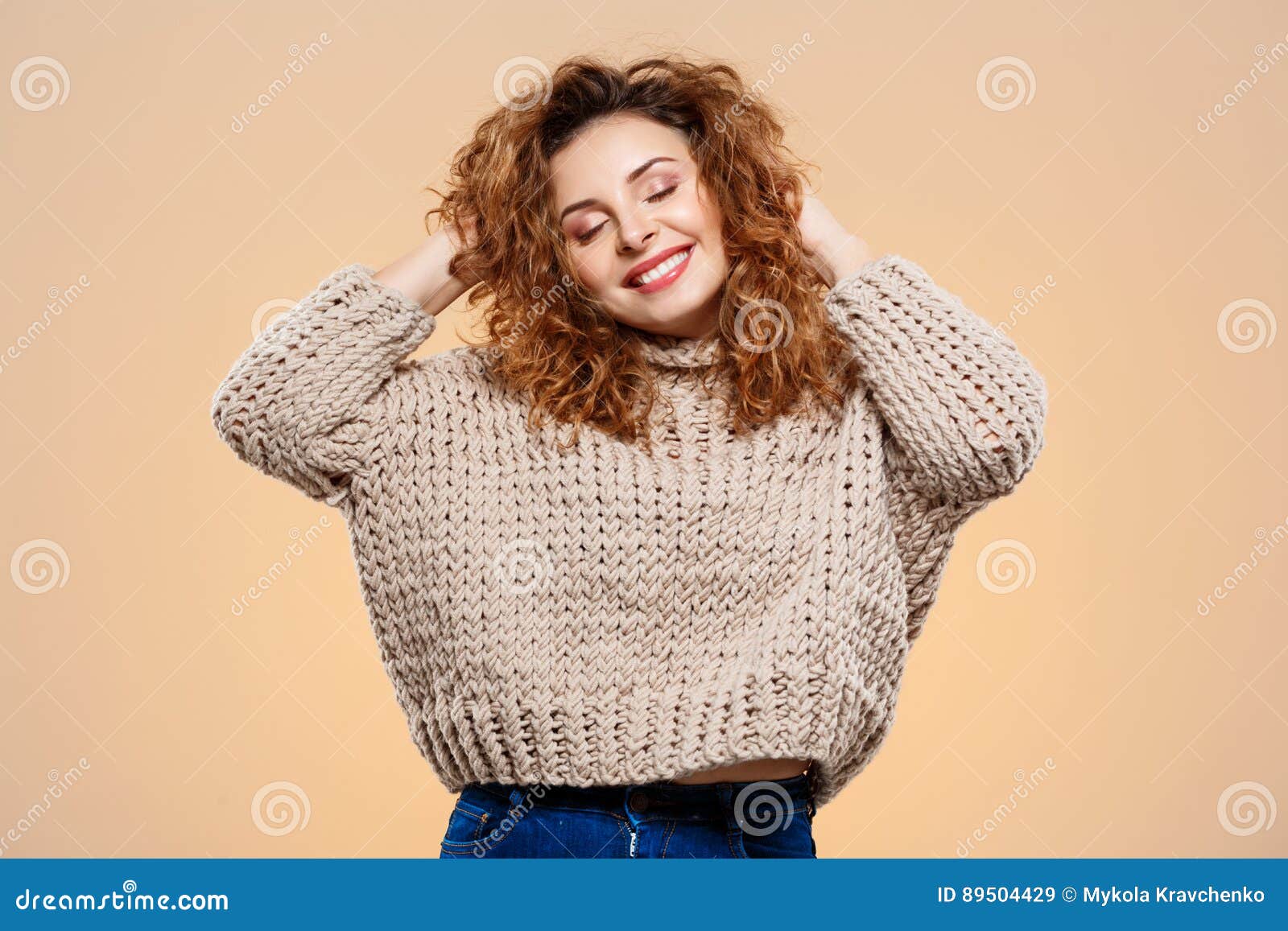 Close Up Portrait Of Cheerful Smiling Beautiful Brunette Curly Girl In