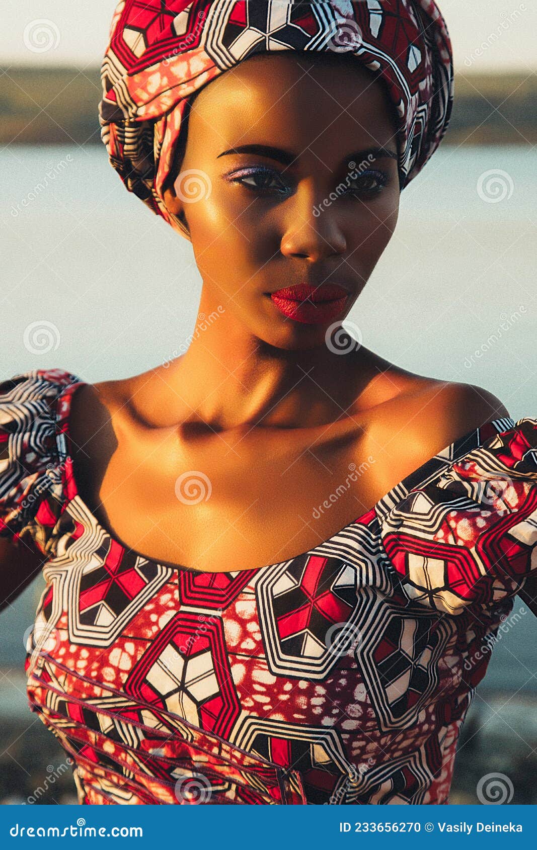 Close Up Portrait Of A Dark Skinned African American Girl In A National