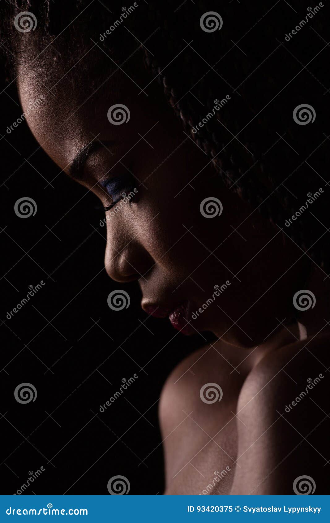 Close Up Portrait of Dark Skinned Model on Black Backstage. Stock Image ...