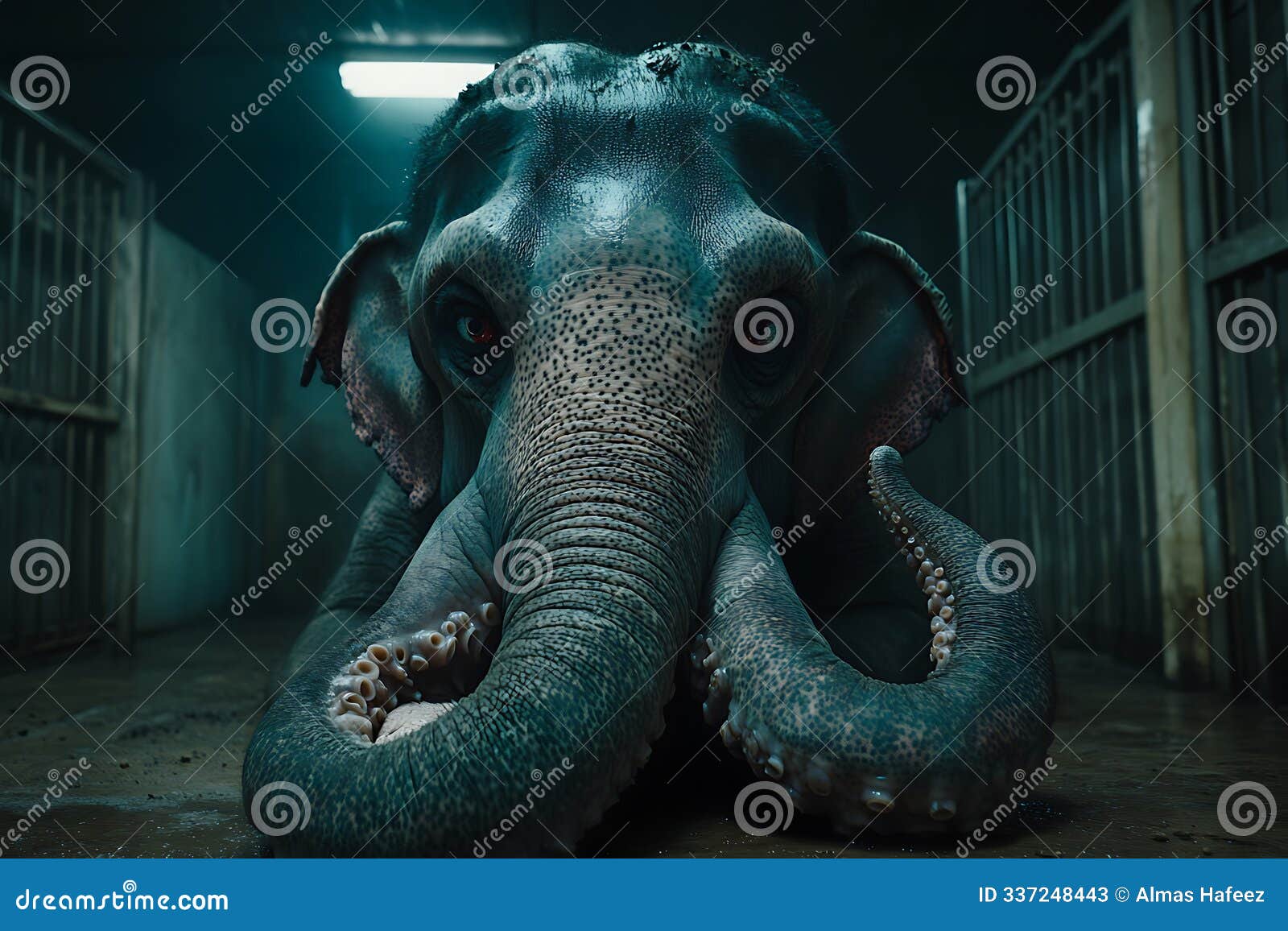 Close-up Portrait of a Giant Horror Elephant with Two Trunks Emerging ...