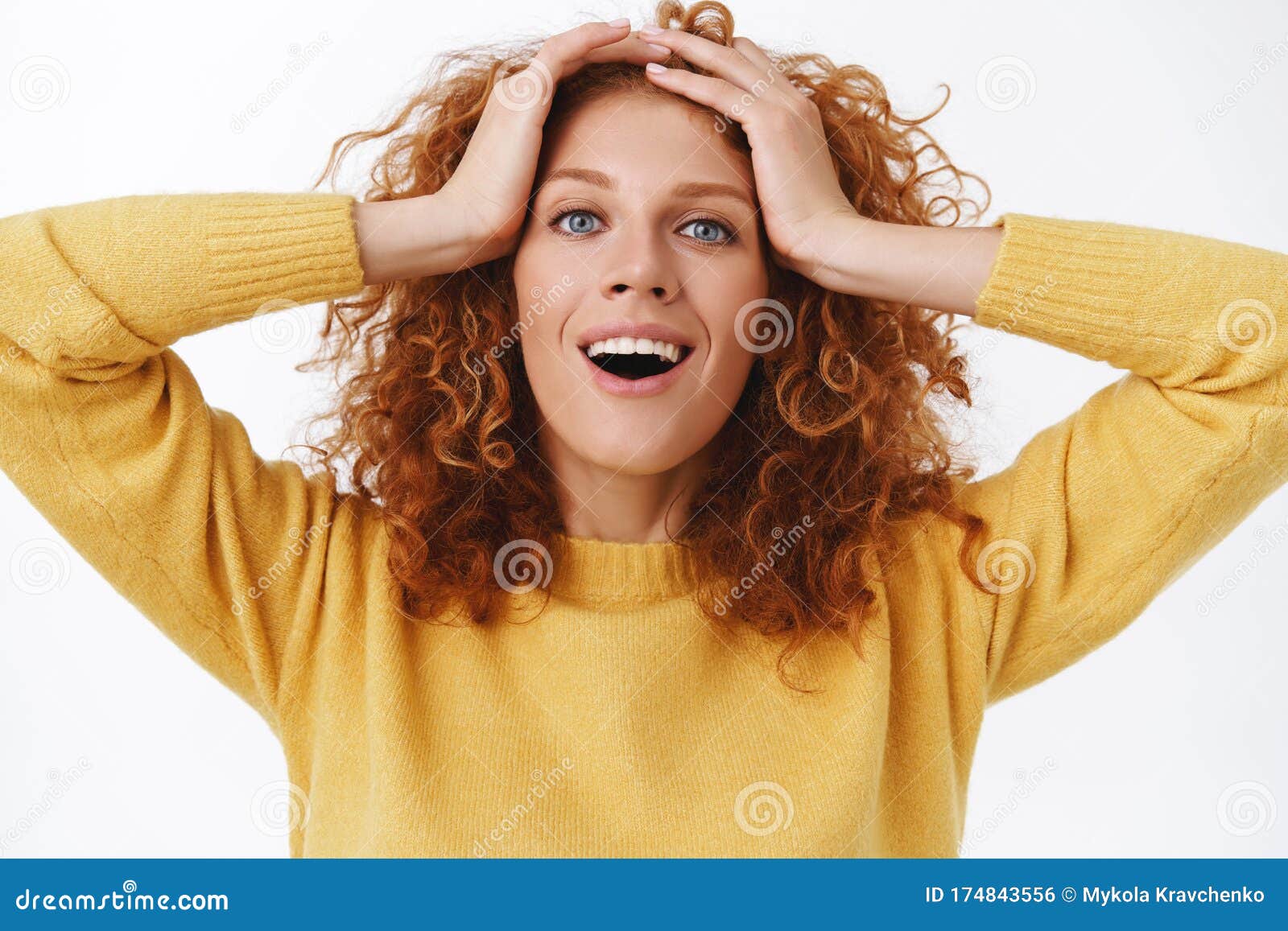 Close Up Portrait Happy Joyful Smiling Redhead Woman Touching Her