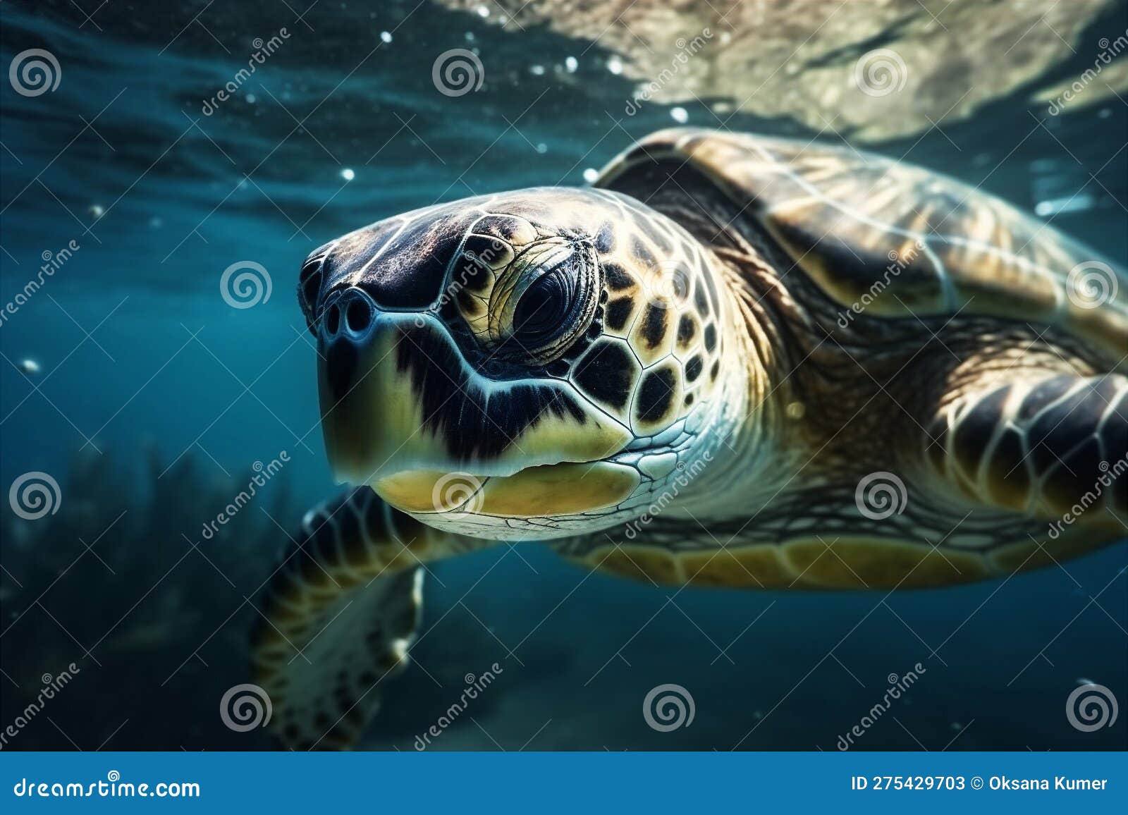 Close Up Portrait Of Happy Sea Turtle Swimming Underwater Ai Generated