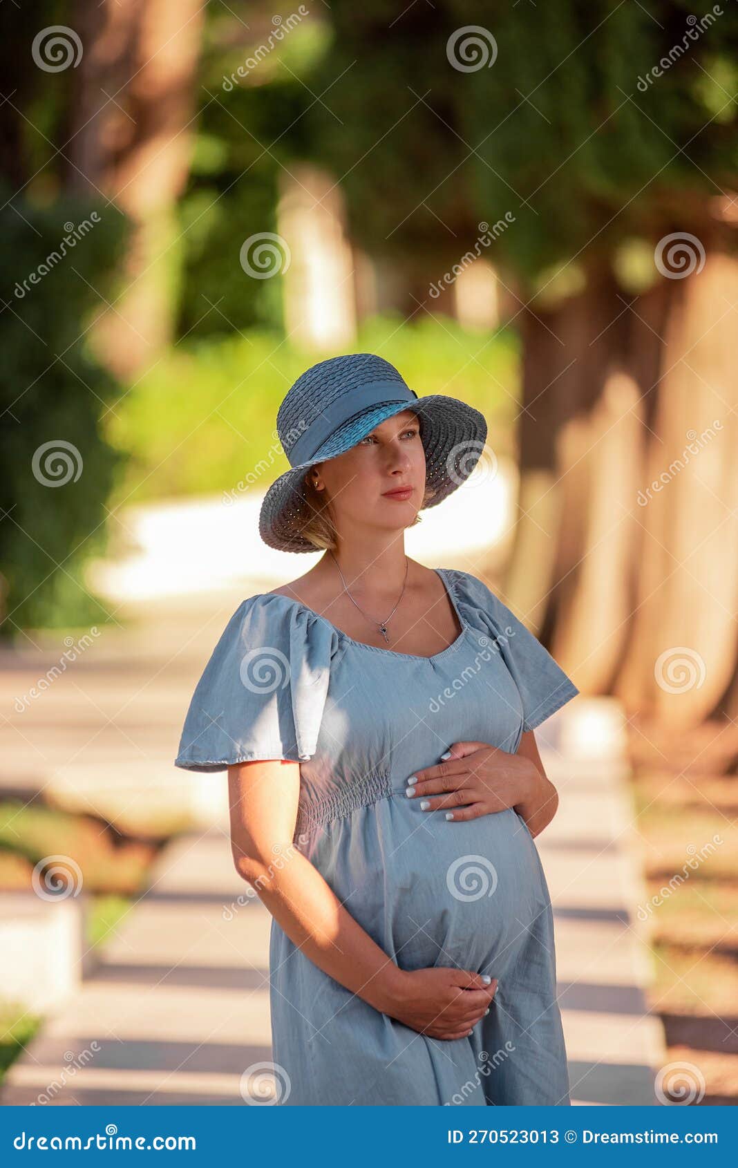 Close Up Portrait Middle Aged Pregnant Woman In Pine Forest Concept Of