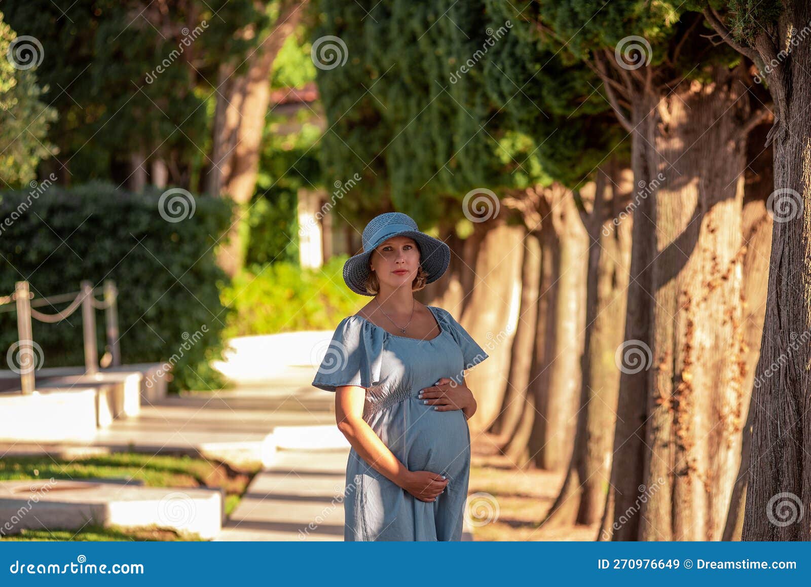 Close Up Portrait Middle Aged Pregnant Woman In Pine Forest Concept Of