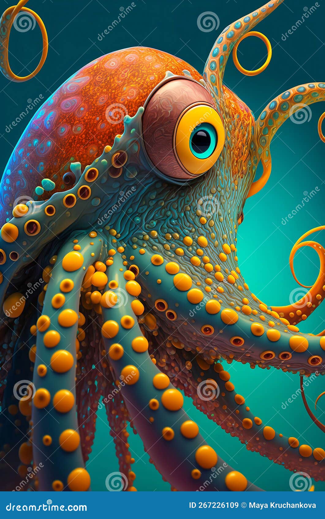 Close-up Portrait of a Multi-colored Octopus on a Bright Blue ...