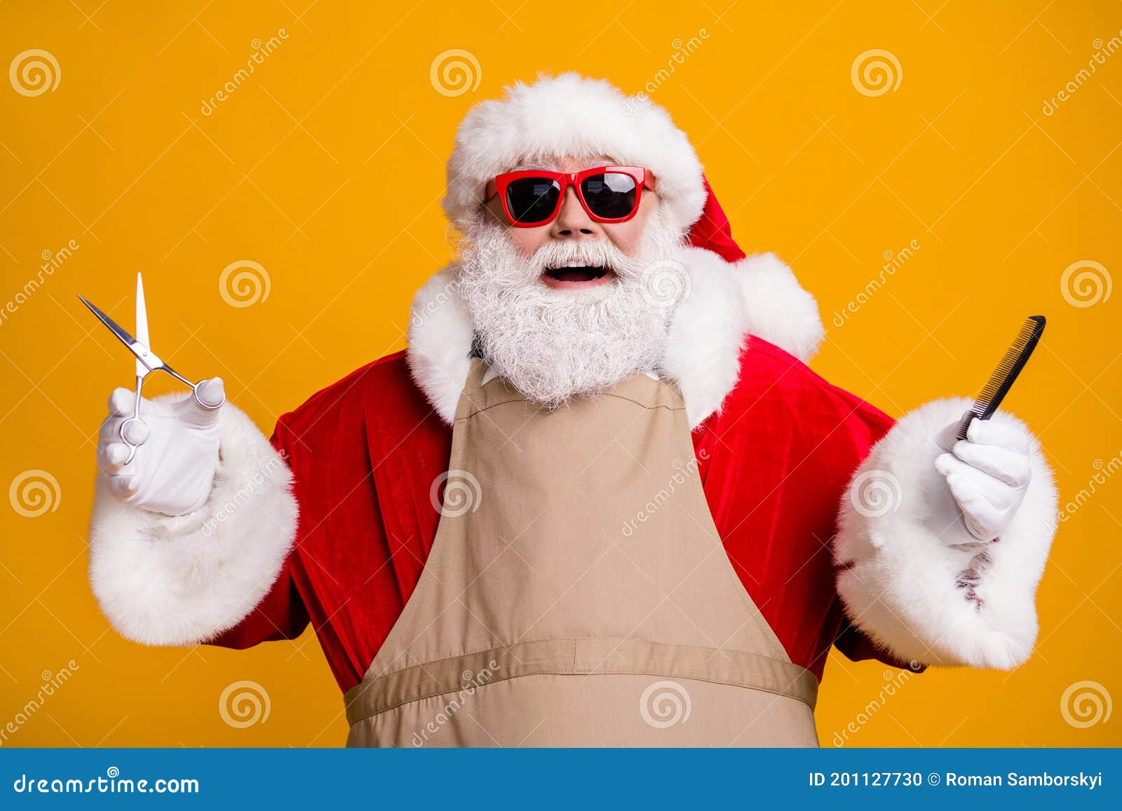 Close Up Portrait Of Nice Attractive Cheerful Cheery Glad Grey Haired Santa Wearing Apron