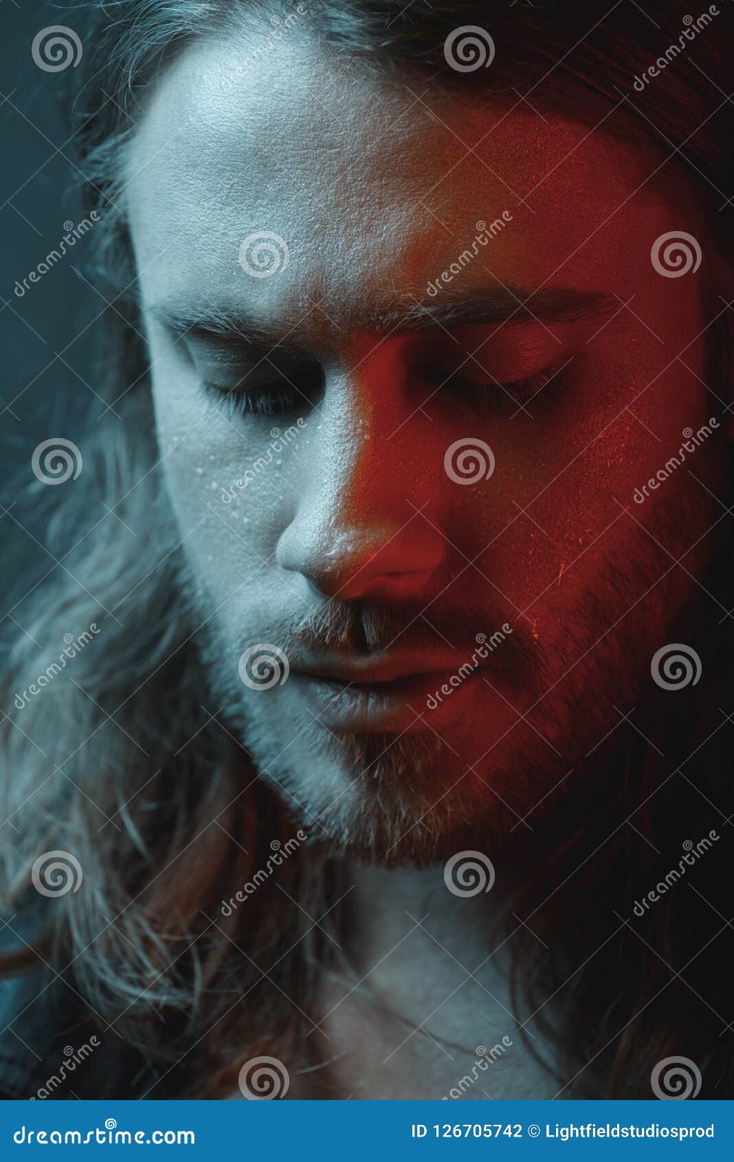 Close-up Portrait of Pensive Bearded Long Haired Man Stock Photo ... Close-up Portrait of Pensive Bearded Long Haired Man Stock Photo ...