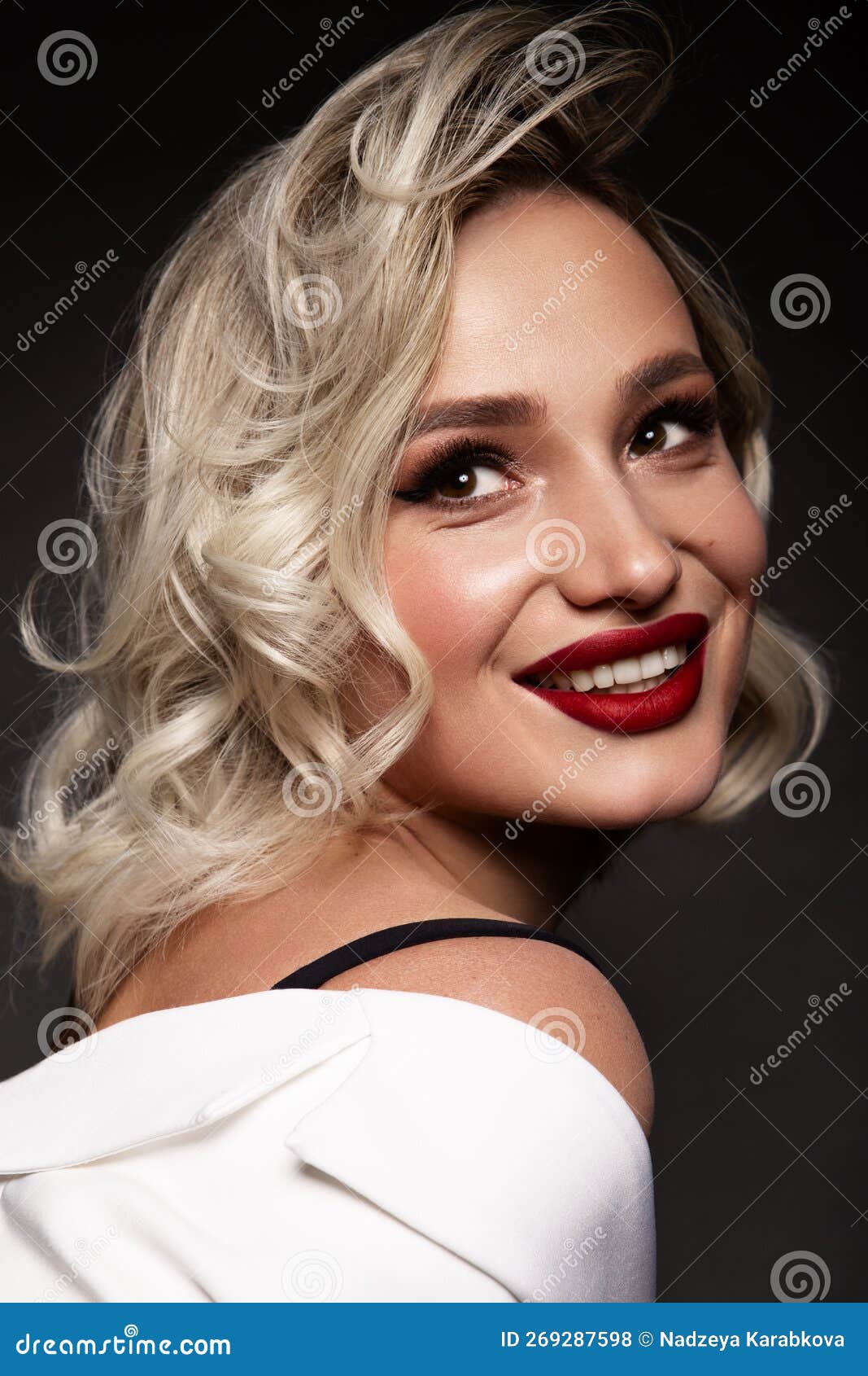 Close Up Portrait Of Pretty Blond Female Beautiful Makeup With Red