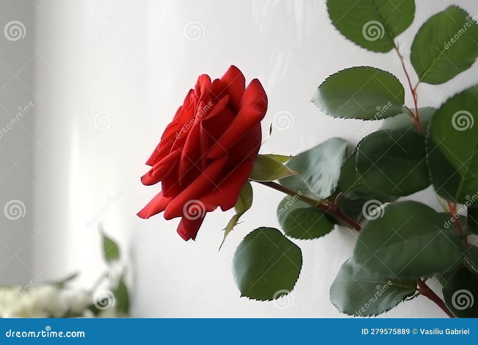 Close-up Portrait of Red Rose Far Away the White Wall Stock ...