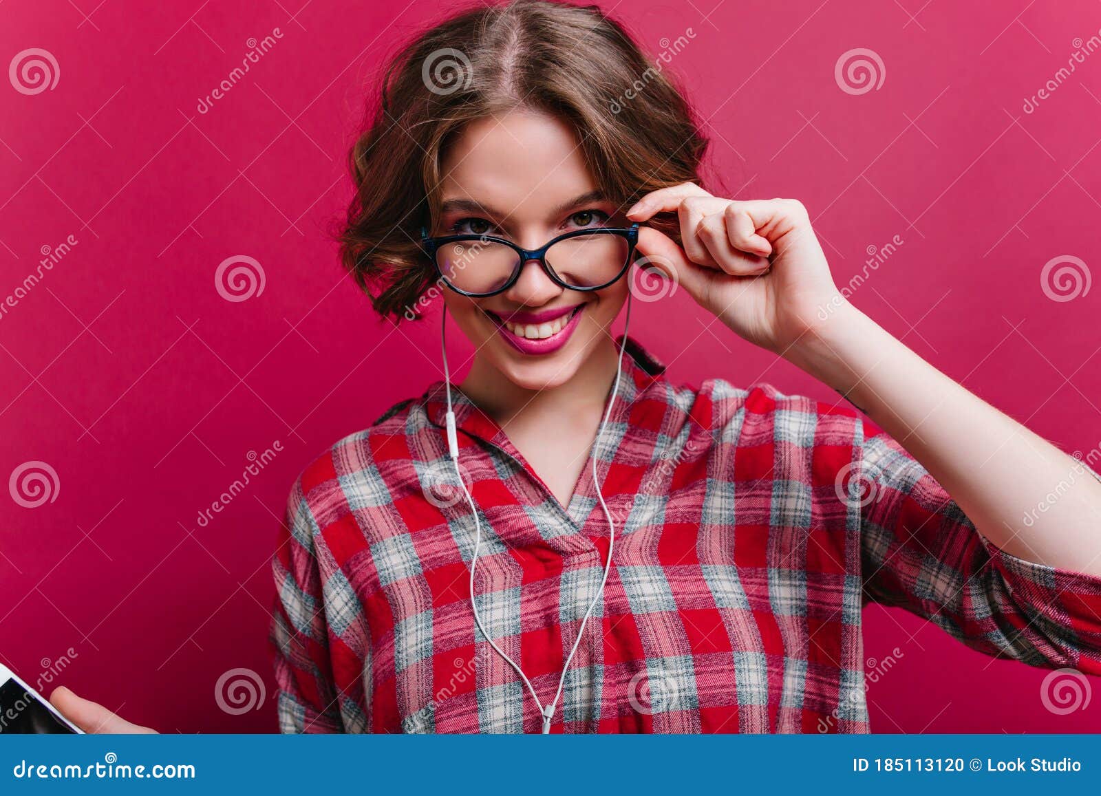 Close Up Portrait Of Sensual Stylish Woman In Checkered Shirt Wears