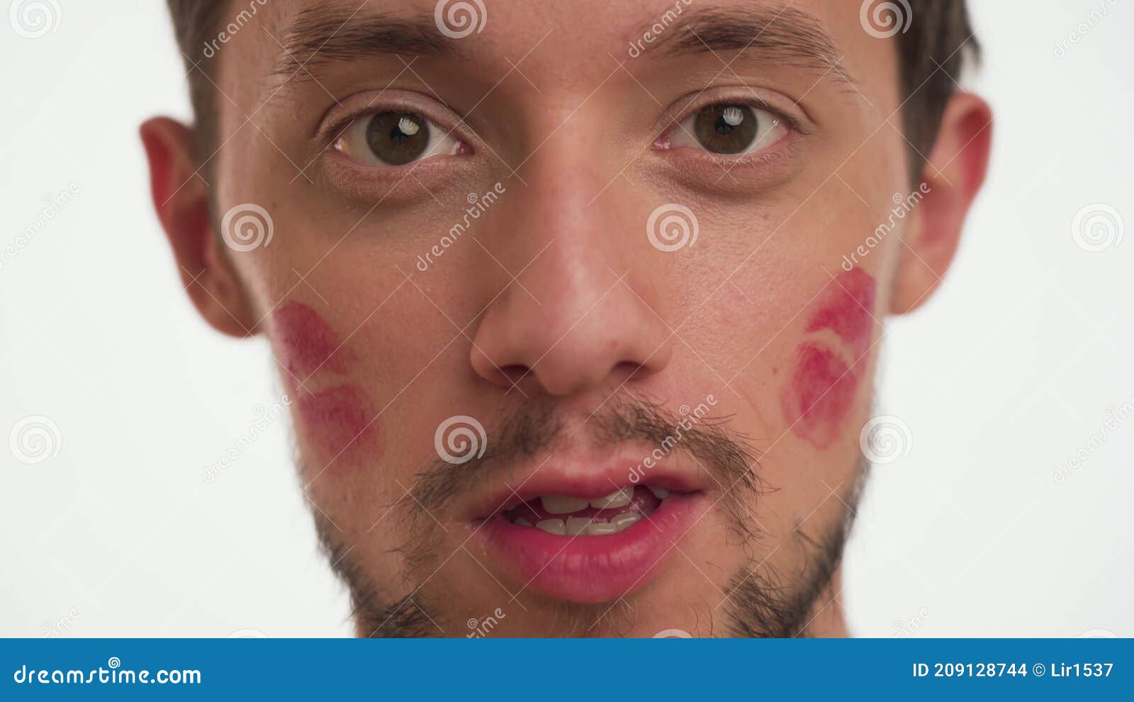 Close Up Portrait Of Male With Brown Eyes Moustache Blow Kiss One Attractive Young Brunette