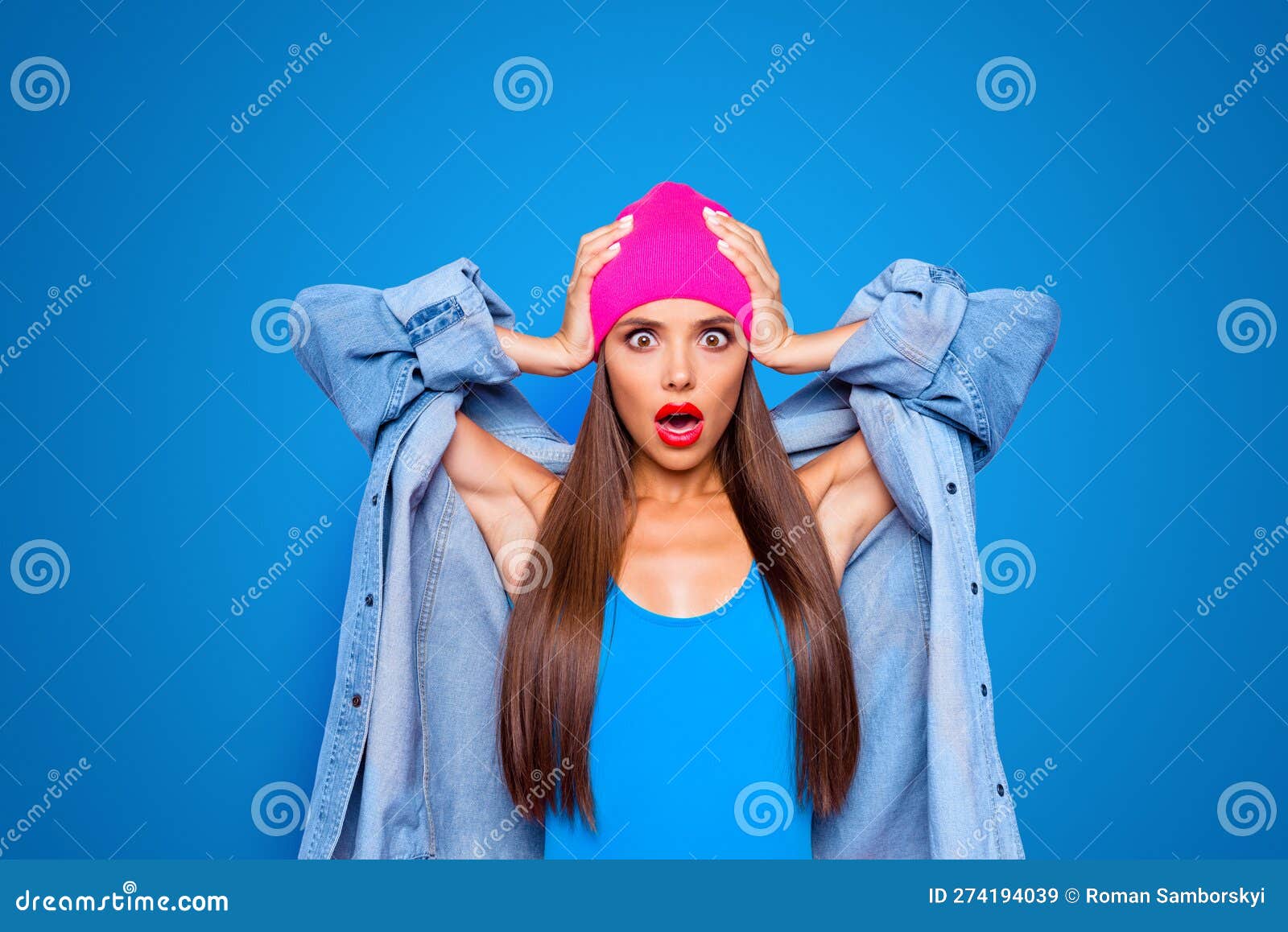 Close Up Portrait Of Shocked Face Of A Luxurious Brunette Girl With A