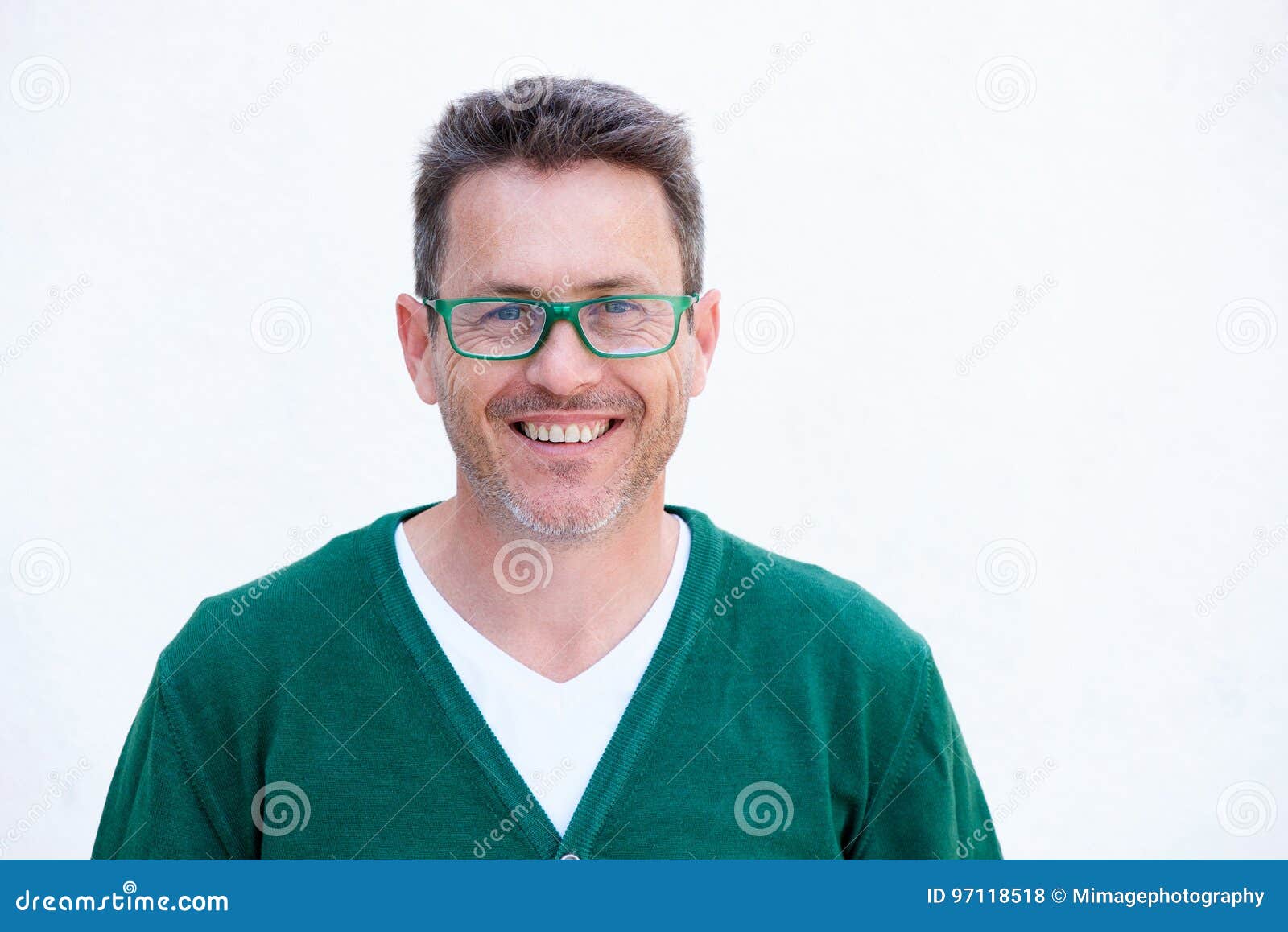 Close Up Smiling Older Man In Glasses Isolated On White Background