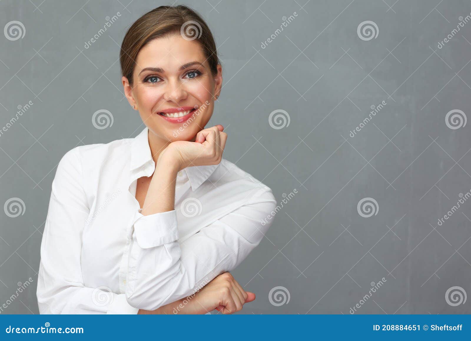 Close Up Portrait Of Smiling Woman Wearing White Shirt Stock Image