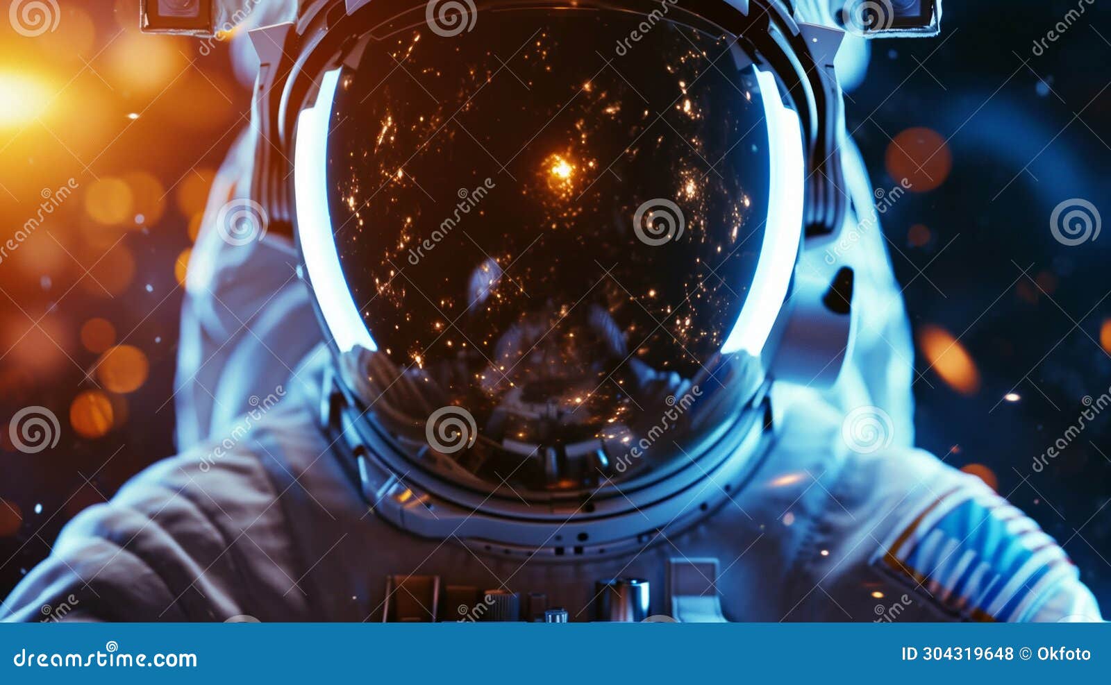 Close Up Portrait of Spaceman in Space Looking Directly through ...