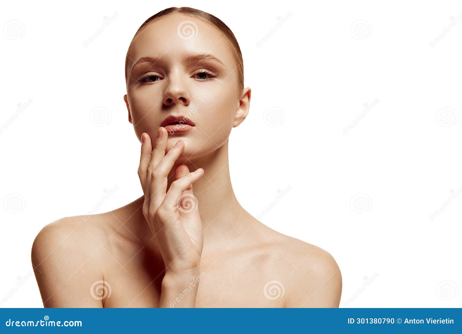 Close Up Portrait Of Tender Brunette Woman With Well Kept Smooth Skin