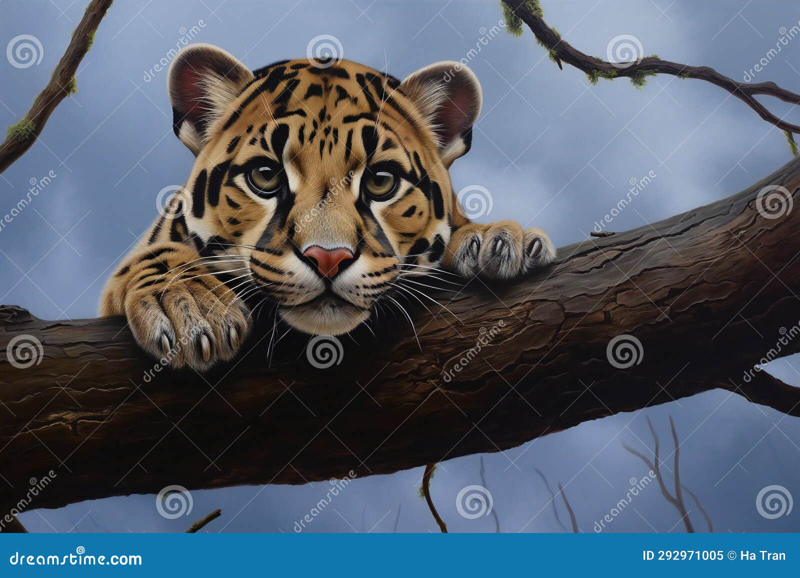 Close-up Portrait of a Tiger Lying on a Tree Branch Stock Illustration ...