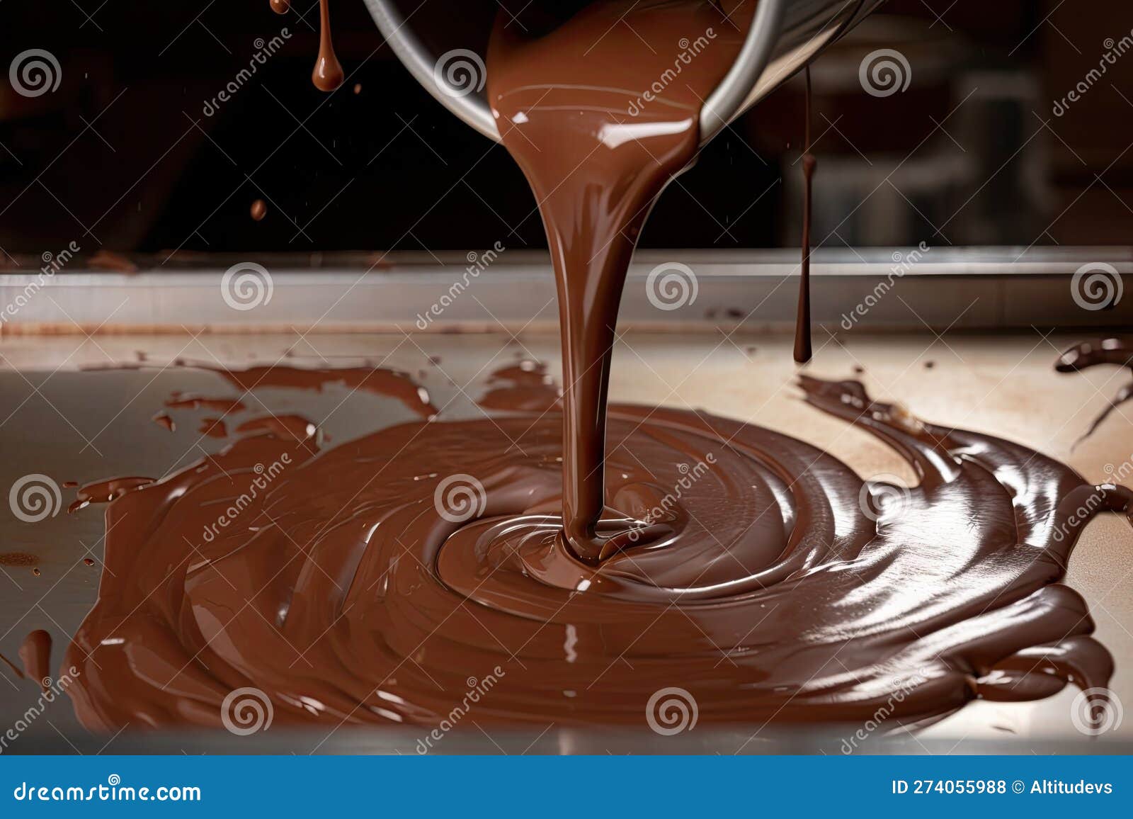 Close-up of the Pouring Process, with the Chocolate Flowing in a ...