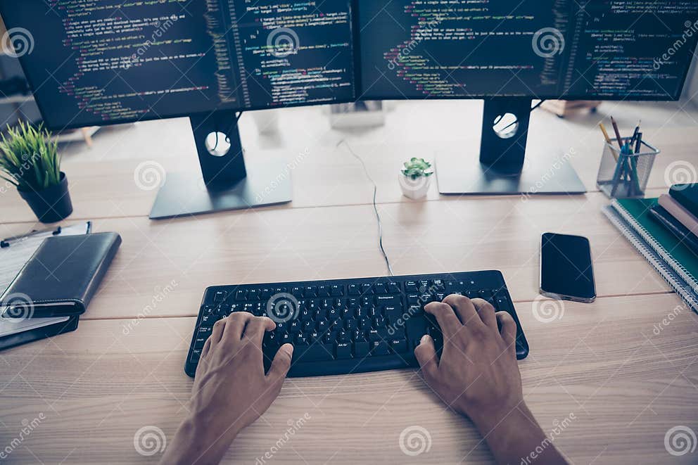 Close Up Pov Programmer Working Typing Keyboard Coding Screen Monitor Computer Web Development ...