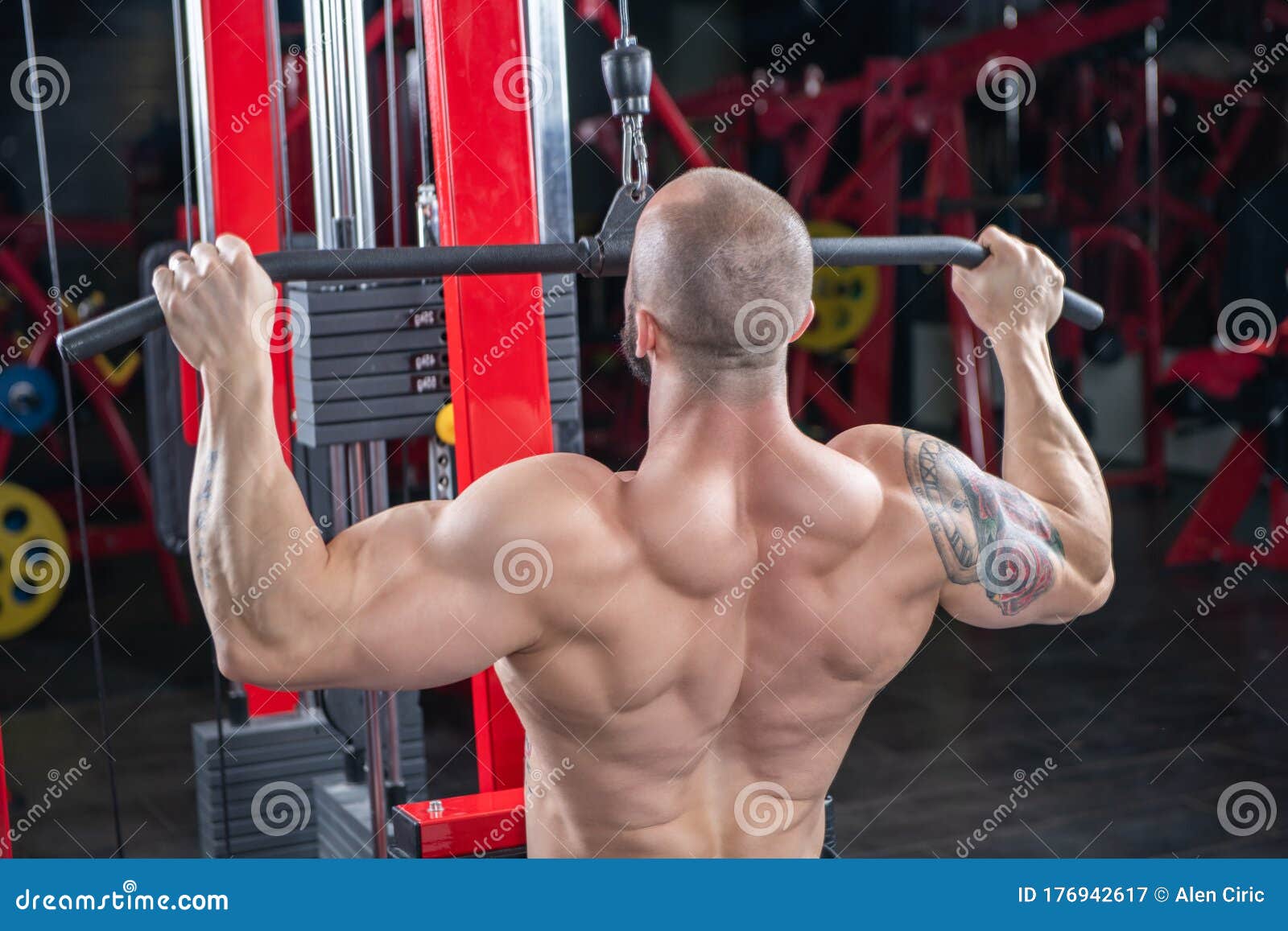 Close Up of Powerful Muscular Man Doing Exercise for Back on the Lat ...