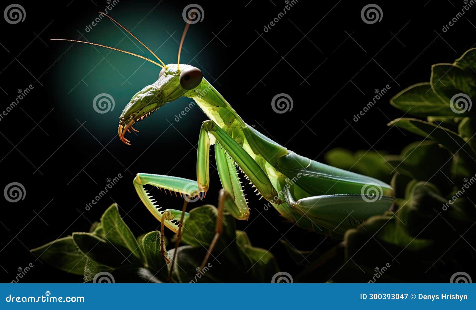 Close-Up of Praying Mantis Perched on Green Plant Stock Illustration ...