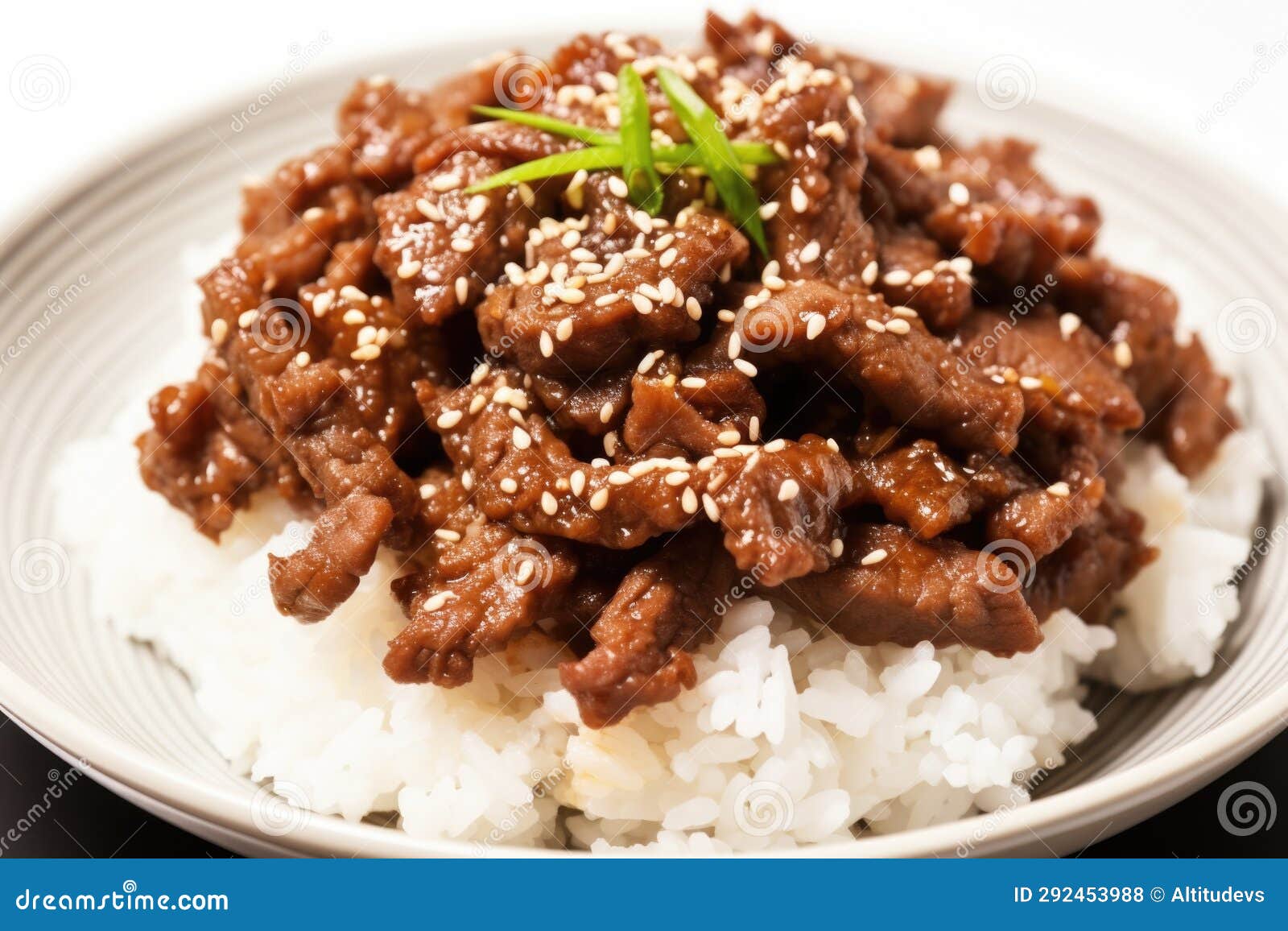 Close-up of Prepared Bulgogi Beef Served Over White Rice Stock Photo ...